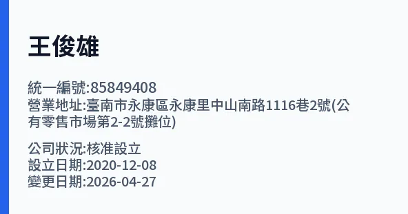 王俊雄的照片-統編 85849408(臺南市) 公司登記資料與營業項目詳細圖表