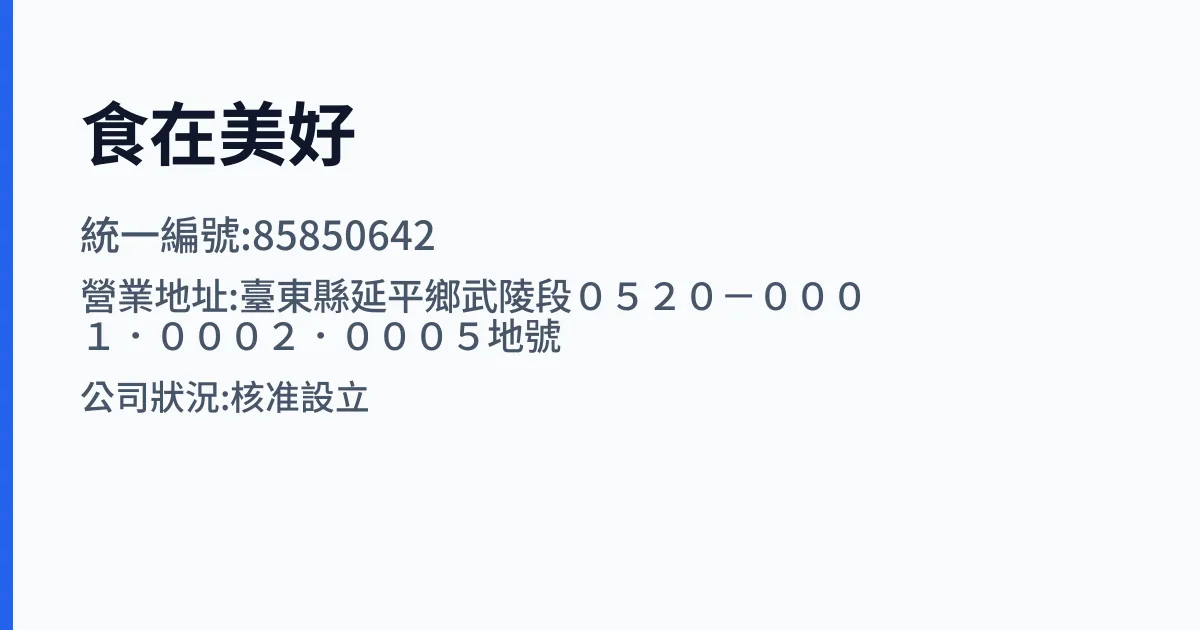 食在美好 - 統編 85850642(臺東縣) 公司登記資料與營業項目詳細圖表
