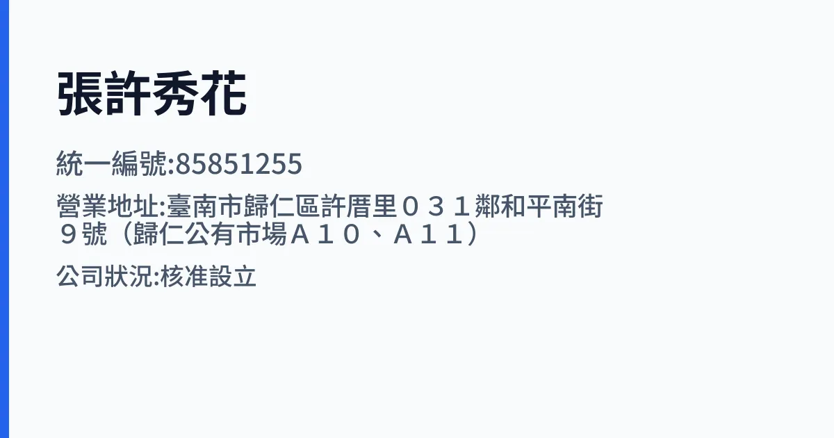 張許秀花 - 統編 85851255(臺南市) 公司登記資料與營業項目詳細圖表