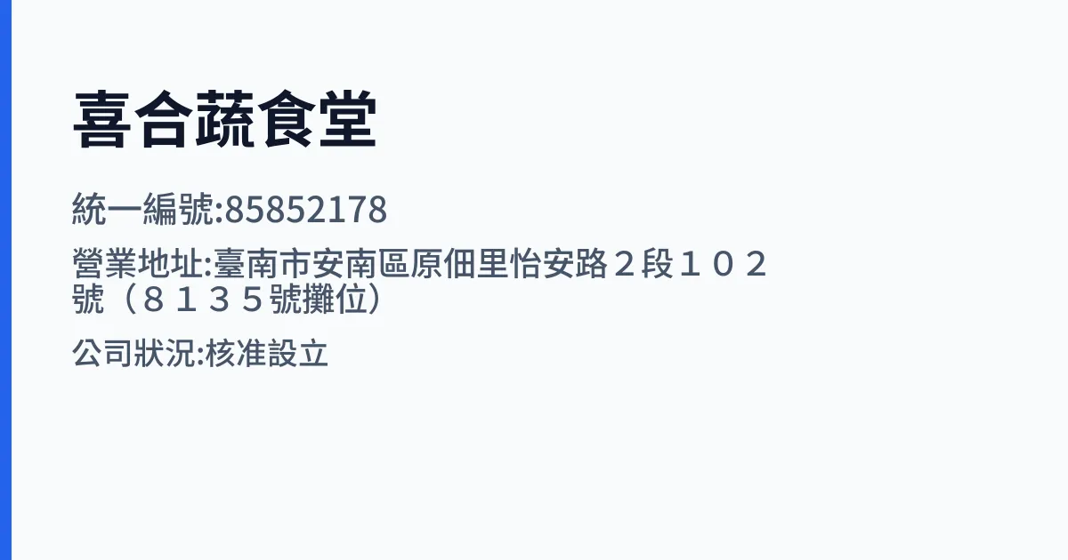 喜合蔬食堂 - 統編 85852178(臺南市) 公司登記資料與營業項目詳細圖表