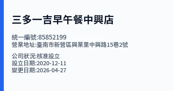 三多一吉早午餐中興店的照片-統編 85852199(臺南市) 公司登記資料與營業項目詳細圖表