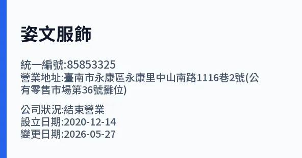 姿文服飾的照片-統編 85853325(臺南市) 公司登記資料與營業項目詳細圖表