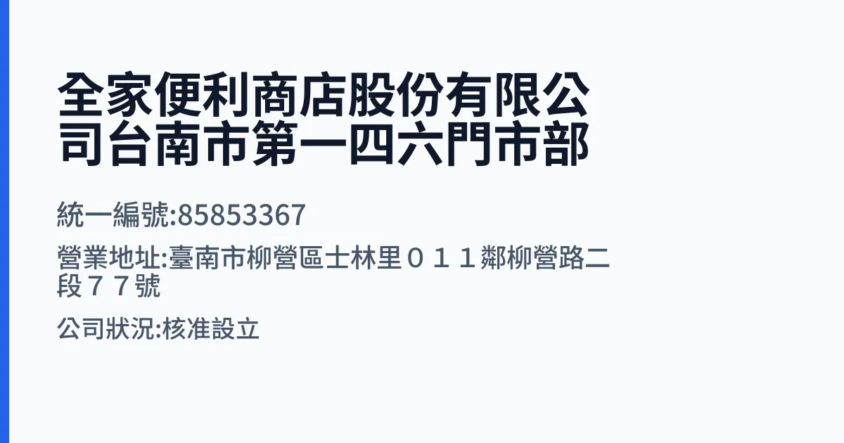 全家便利商店股份有限公司台南市第一四六門市部 - 統編 85853367(臺南市) 公司登記資料與營業項目詳細圖表