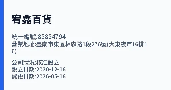 宥鑫百貨的照片-統編 85854794(臺南市) 公司登記資料與營業項目詳細圖表