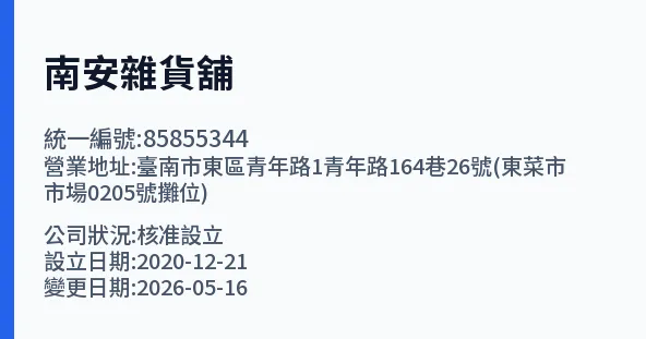 南安雜貨舖的照片-統編 85855344(臺南市) 公司登記資料與營業項目詳細圖表