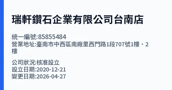 瑞軒鑽石企業有限公司台南店的照片-統編 85855484(臺南市) 公司登記資料與營業項目詳細圖表