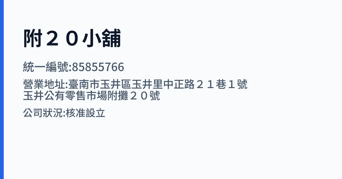 附20小舖 - 統編 85855766(臺南市) 公司登記資料與營業項目詳細圖表