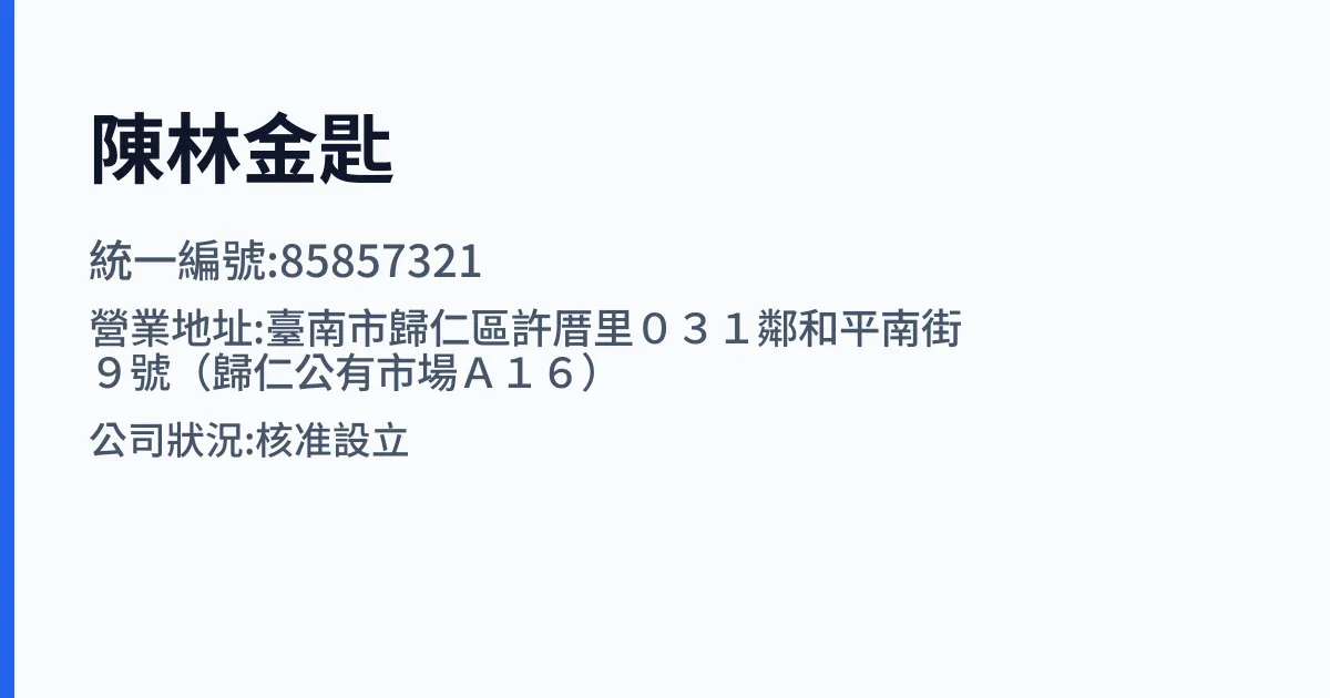 陳林金匙 - 統編 85857321(臺南市) 公司登記資料與營業項目詳細圖表