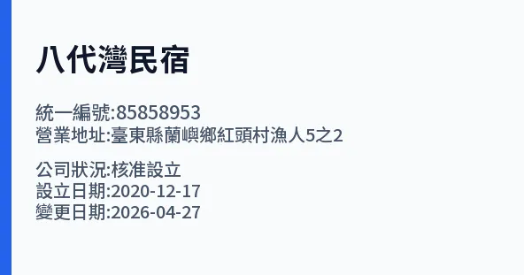 八代灣民宿的照片-統編 85858953(臺東縣) 公司登記資料與營業項目詳細圖表