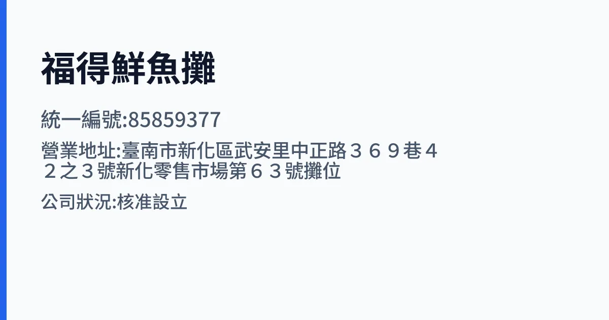 福得鮮魚攤 - 統編 85859377(臺南市) 公司登記資料與營業項目詳細圖表