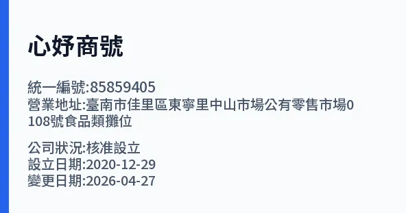 心妤商號的照片-統編 85859405(臺南市) 公司登記資料與營業項目詳細圖表