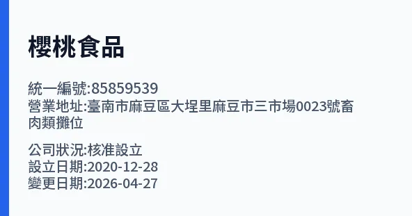 櫻桃食品的照片-統編 85859539(臺南市) 公司登記資料與營業項目詳細圖表