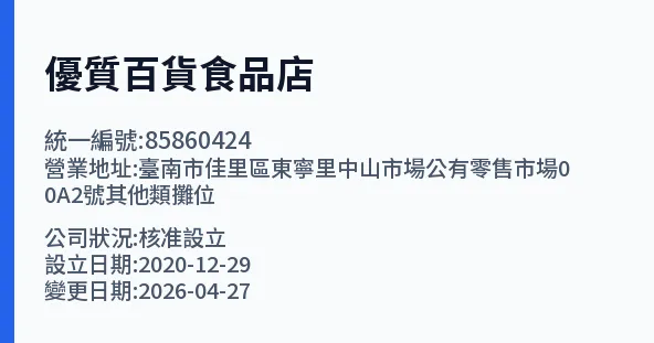 優質百貨食品店的照片-統編 85860424(臺南市) 公司登記資料與營業項目詳細圖表