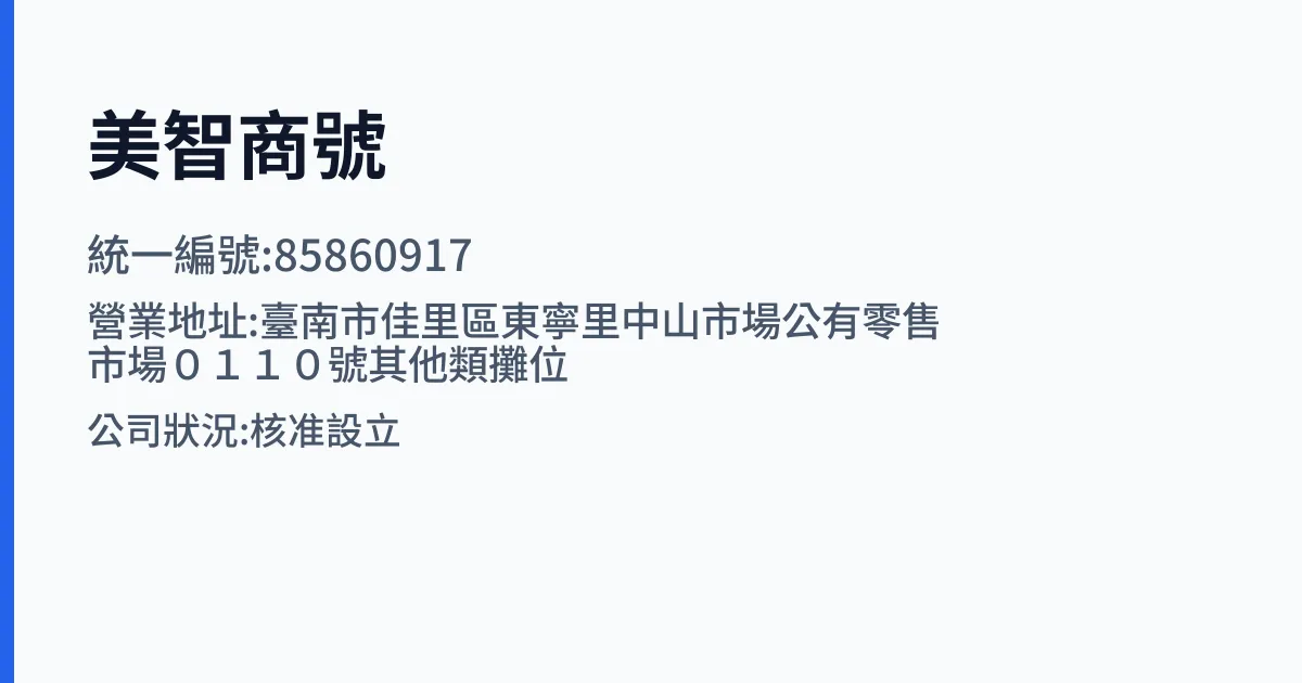 美智商號 - 統編 85860917(臺南市) 公司登記資料與營業項目詳細圖表
