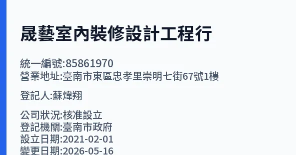 晟藝室內裝修設計工程行的照片-統編 85861970(臺南市) 公司登記資料與營業項目詳細圖表