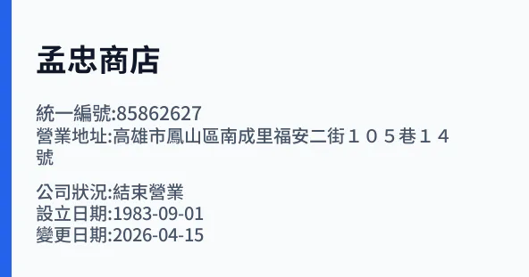 孟忠商店的照片-統編 85862627(高雄市) 公司登記資料與營業項目詳細圖表