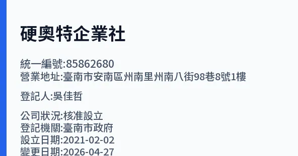 硬奧特企業社的照片-統編 85862680(臺南市) 公司登記資料與營業項目詳細圖表