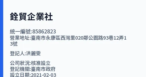 銓貿企業社的照片-統編 85862823(臺南市) 公司登記資料與營業項目詳細圖表