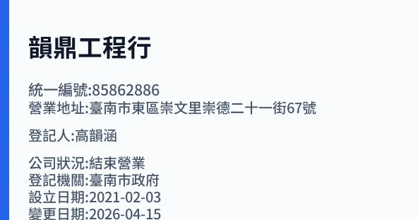韻鼎工程行的照片-統編 85862886(臺南市) 公司登記資料與營業項目詳細圖表