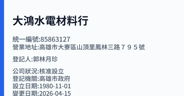 大鴻水電材料行的照片-統編 85863127(高雄市) 公司登記資料與營業項目詳細圖表