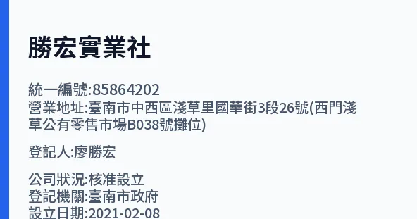 勝宏實業社的照片-統編 85864202(臺南市) 公司登記資料與營業項目詳細圖表