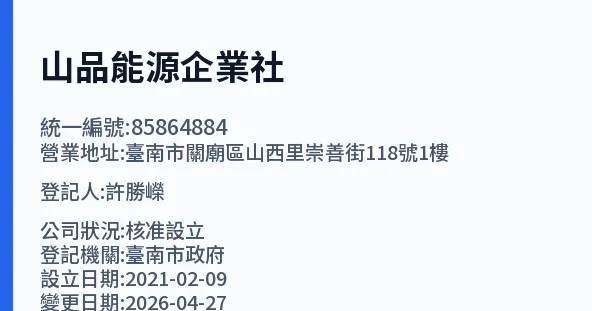山品能源企業社的照片-統編 85864884(臺南市) 公司登記資料與營業項目詳細圖表