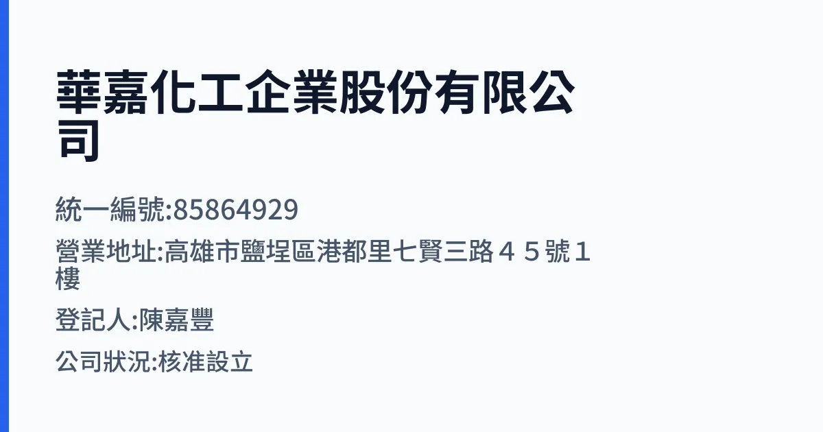 華嘉化工企業股份有限公司 - 統編 85864929(高雄市) 公司登記資料與營業項目詳細圖表