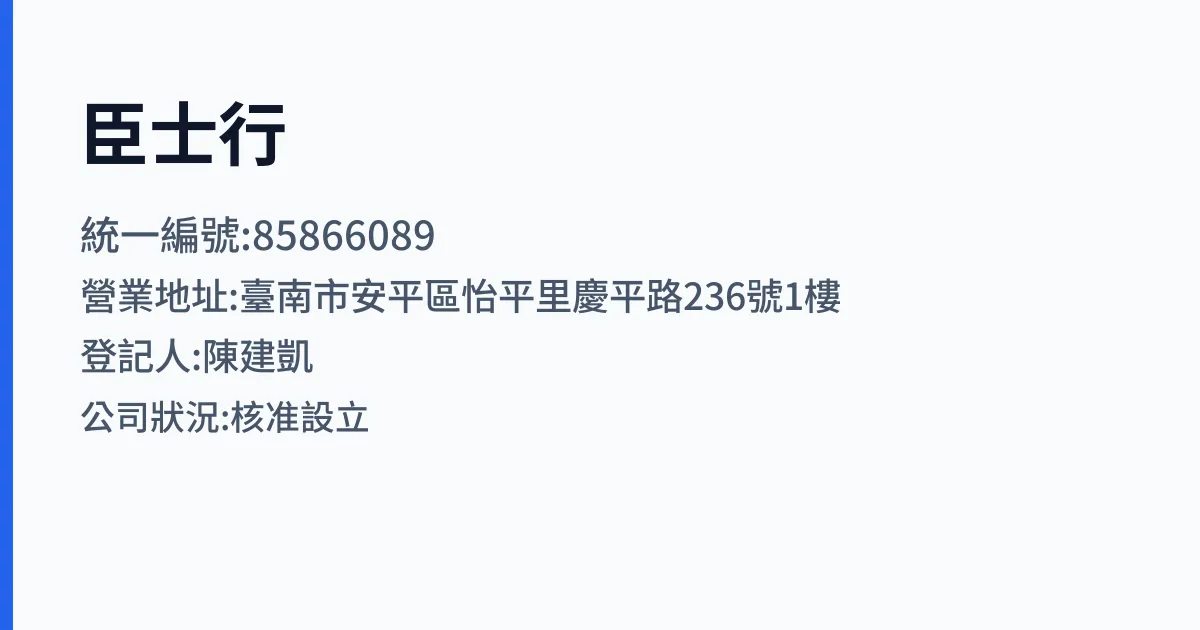 臣士行 - 統編 85866089(臺南市) 公司登記資料與營業項目詳細圖表