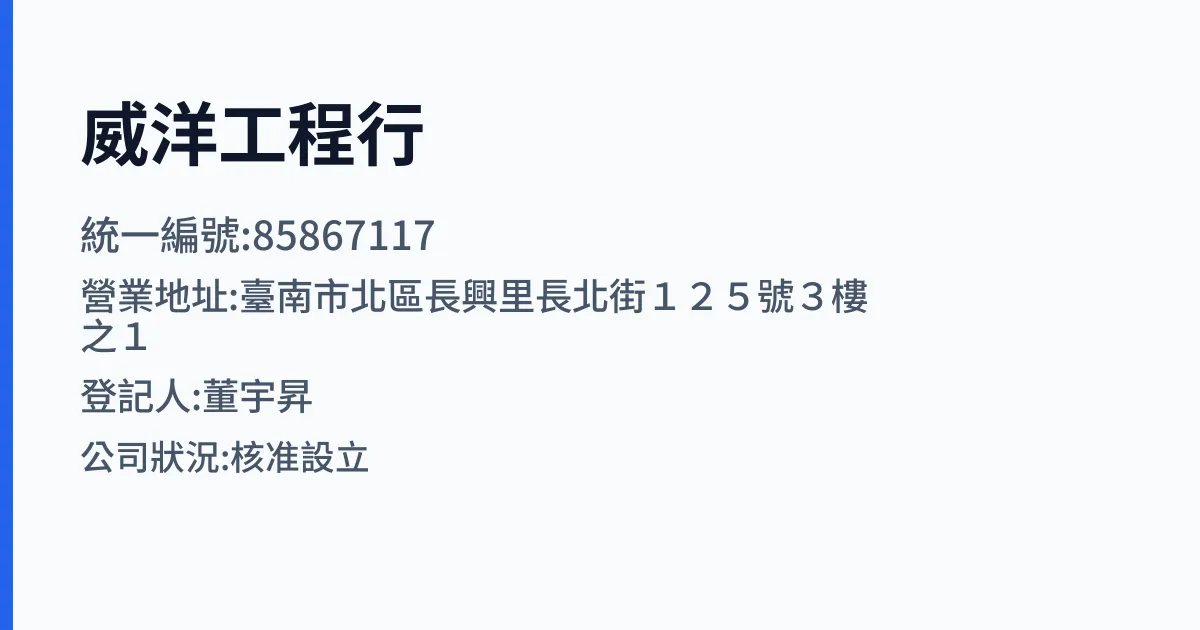 威洋工程行 - 統編 85867117(臺南市) 公司登記資料與營業項目詳細圖表