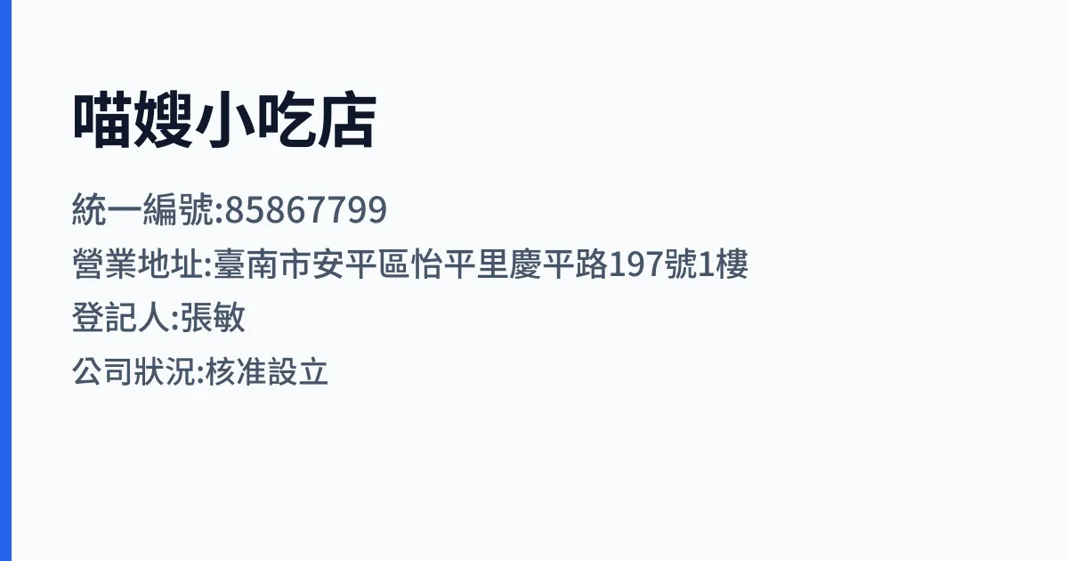 喵嫂小吃店 - 統編 85867799(臺南市) 公司登記資料與營業項目詳細圖表