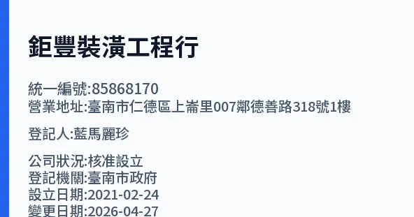 鉅豐裝潢工程行的照片-統編 85868170(臺南市) 公司登記資料與營業項目詳細圖表