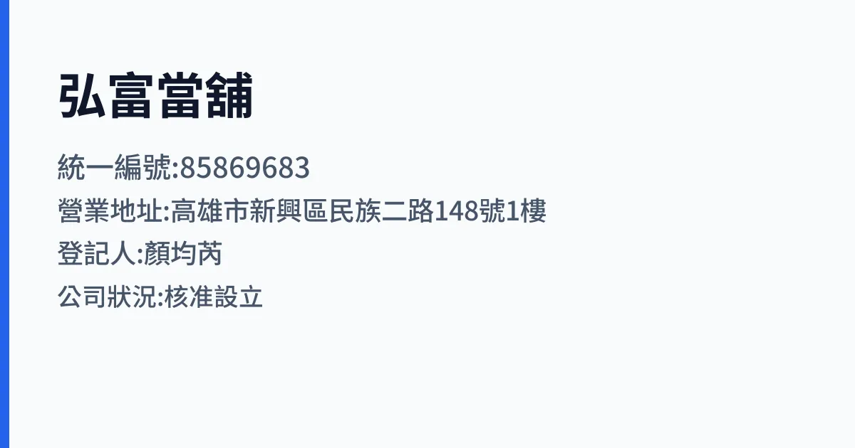 弘富當舖 - 統編 85869683(高雄市) 公司登記資料與營業項目詳細圖表