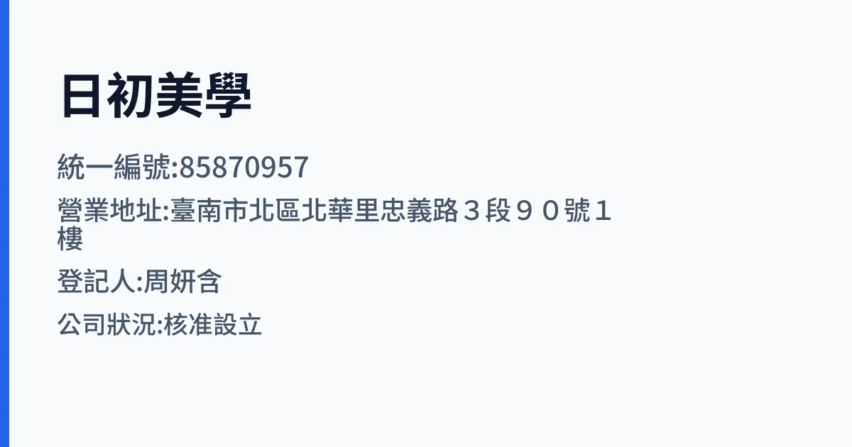 日初美學 - 統編 85870957(臺南市) 公司登記資料與營業項目詳細圖表