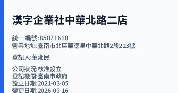 漢字企業社中華北路二店的照片-統編 85871610(臺南市) 公司登記資料與營業項目詳細圖表