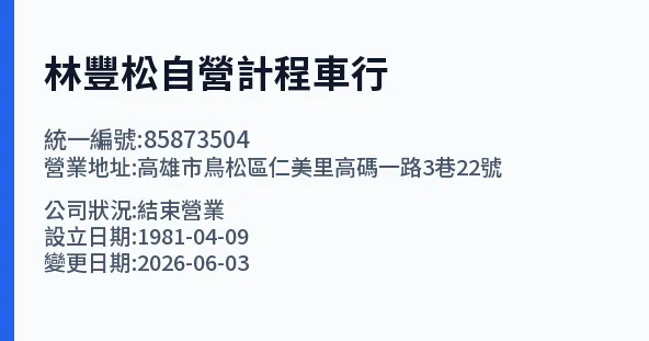 林豐松自營計程車行的照片-統編 85873504(高雄市) 公司登記資料與營業項目詳細圖表