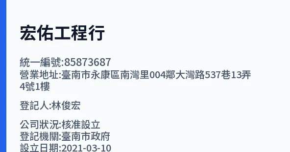 宏佑工程行的照片-統編 85873687(臺南市) 公司登記資料與營業項目詳細圖表