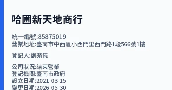 哈圃新天地商行的照片-統編 85875019(臺南市) 公司登記資料與營業項目詳細圖表