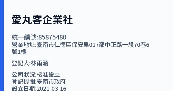 愛丸客企業社的照片-統編 85875480(臺南市) 公司登記資料與營業項目詳細圖表
