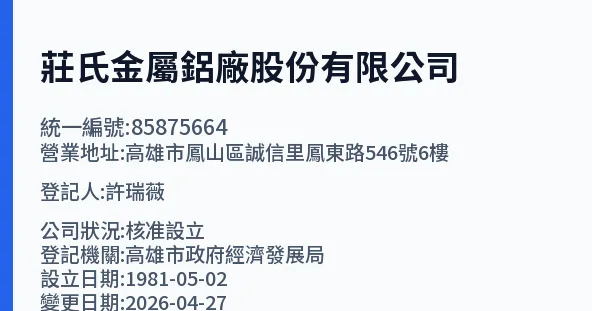 莊氏金屬鋁廠股份有限公司的照片-統編 85875664(高雄市) 公司登記資料與營業項目詳細圖表