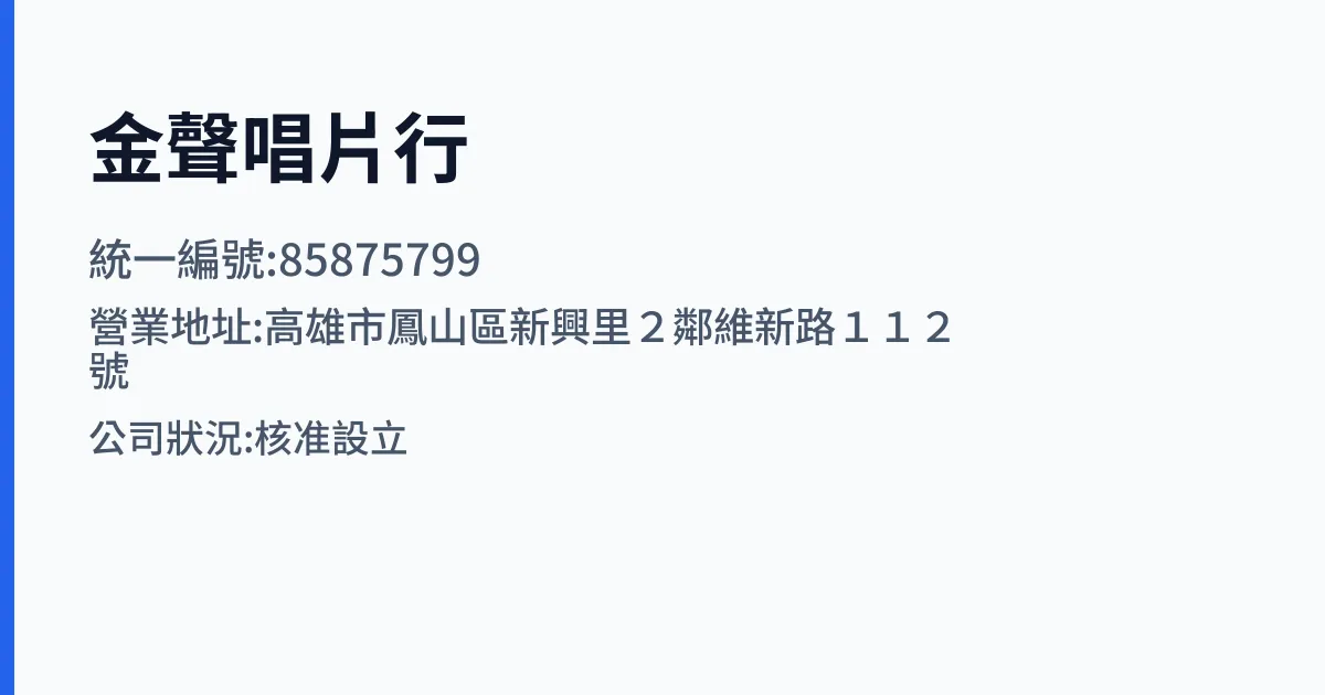 金聲唱片行 - 統編 85875799（高雄市） 公司登記資料與營業項目詳細圖表