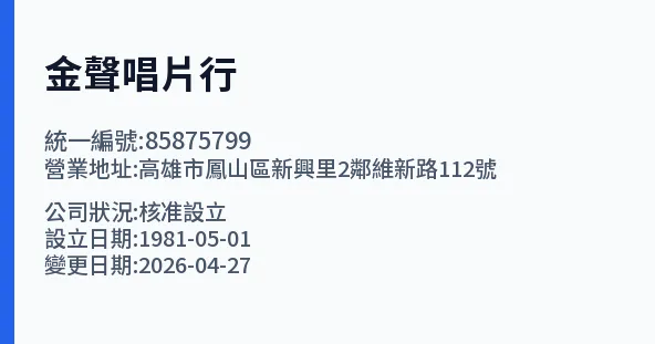金聲唱片行的照片-統編 85875799(高雄市) 公司登記資料與營業項目詳細圖表