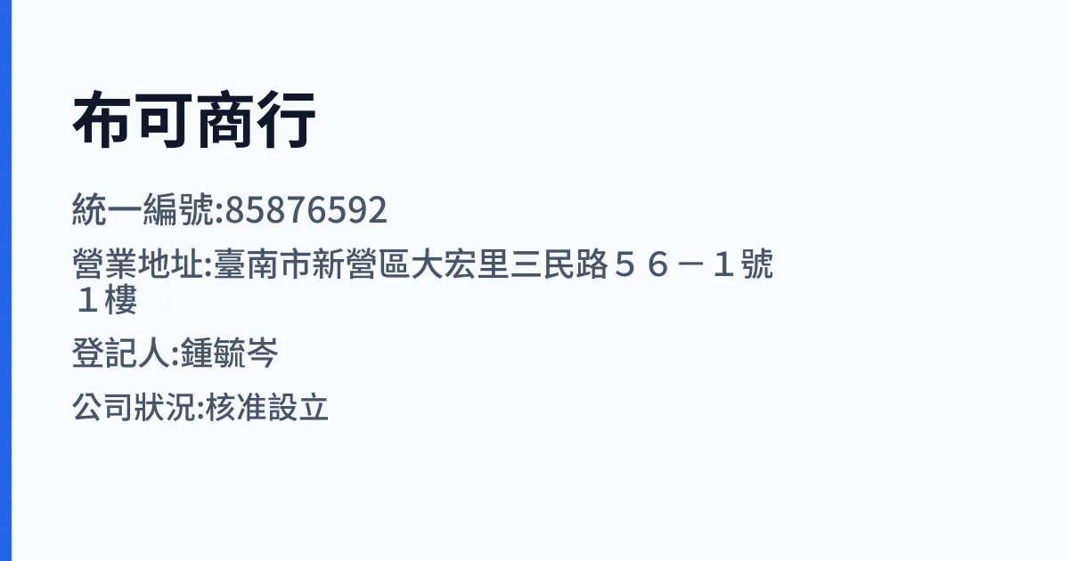 布可商行 - 統編 85876592（臺南市） 公司登記資料與營業項目詳細圖表