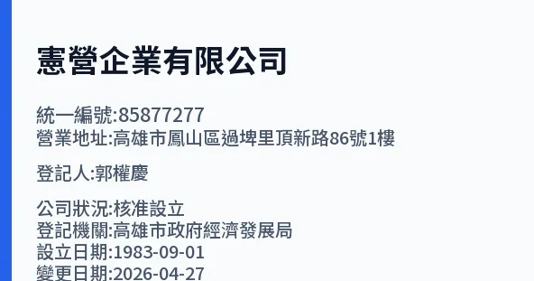 憲營企業有限公司的照片-統編 85877277(高雄市) 公司登記資料與營業項目詳細圖表