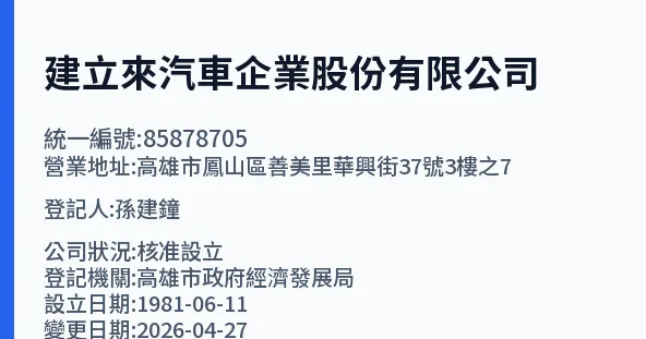 建立來汽車企業股份有限公司的照片-統編 85878705(高雄市) 公司登記資料與營業項目詳細圖表