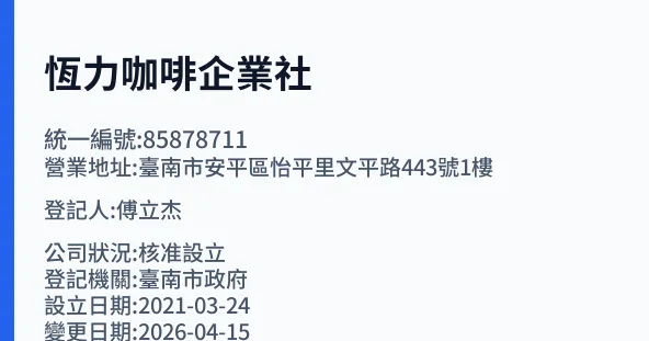 恆力咖啡企業社的照片-統編 85878711(臺南市) 公司登記資料與營業項目詳細圖表