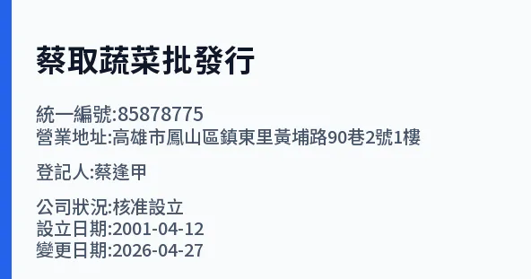蔡取蔬菜批發行的照片-統編 85878775(高雄市) 公司登記資料與營業項目詳細圖表