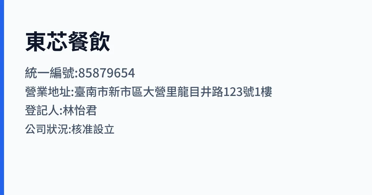 東芯餐飲 - 統編 85879654(臺南市) 公司登記資料與營業項目詳細圖表