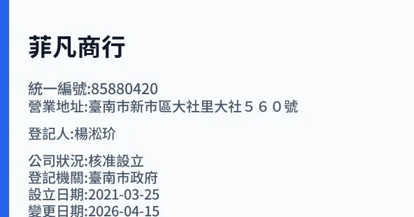 菲凡商行的照片-統編 85880420(臺南市) 公司登記資料與營業項目詳細圖表