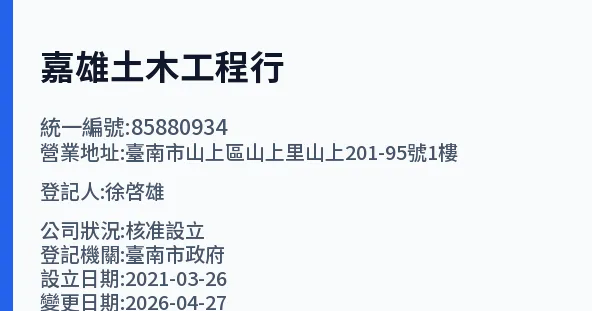 嘉雄土木工程行的照片-統編 85880934(臺南市) 公司登記資料與營業項目詳細圖表
