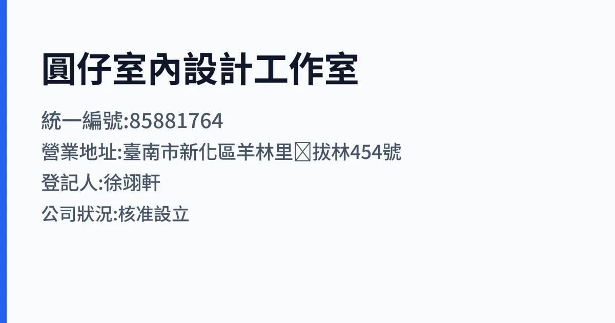 圓仔室內設計工作室 - 統編 85881764(臺南市) 公司登記資料與營業項目詳細圖表